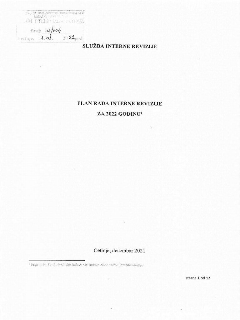 Plan Rada Interne Revizije Za 2022. Godinu | PDF