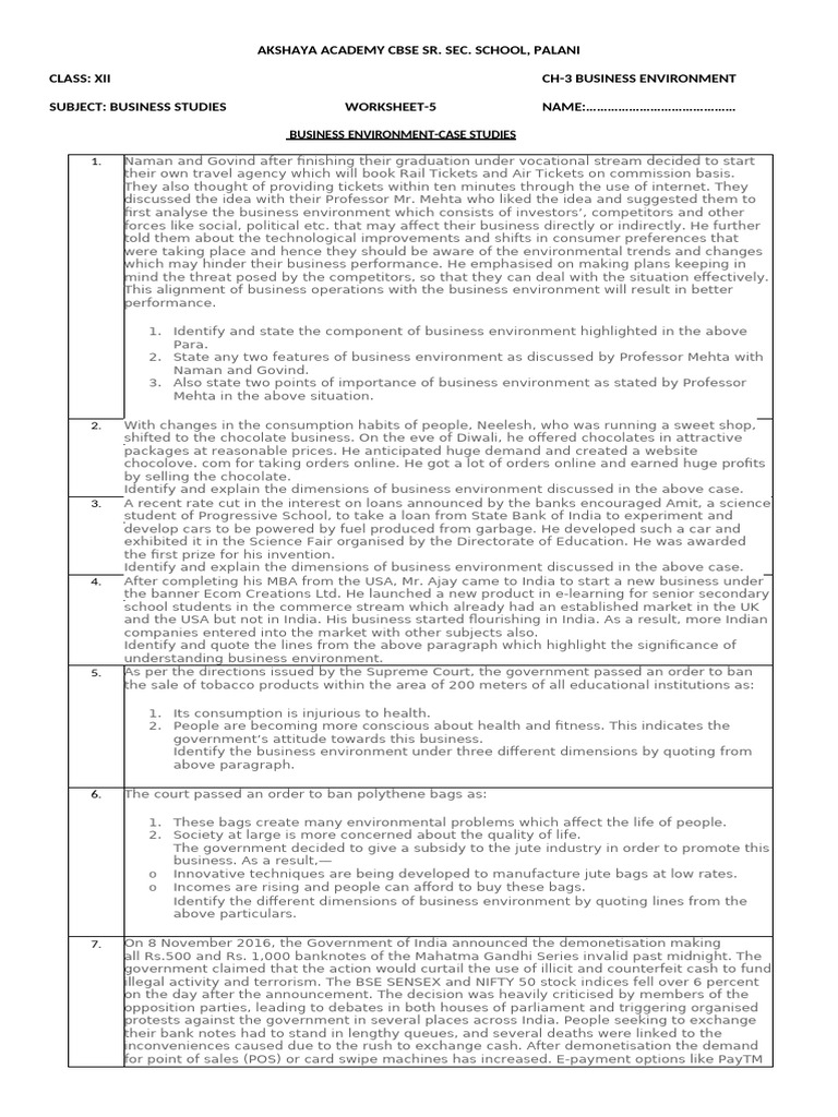Xii Bs-Worksheet-5 (Case Studies CH-3) | PDF | Economies