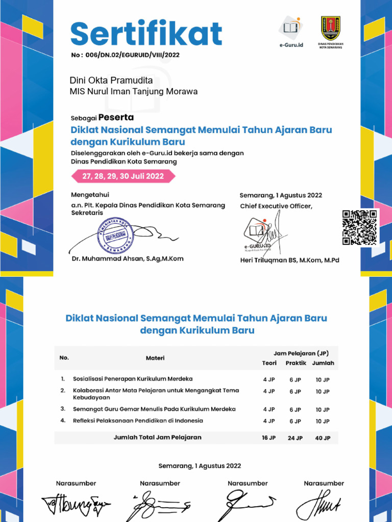 DINI OKTA PRAMUDITA Sertifikat Diklat 40Jp Juli e-Guru.id_2 | PDF