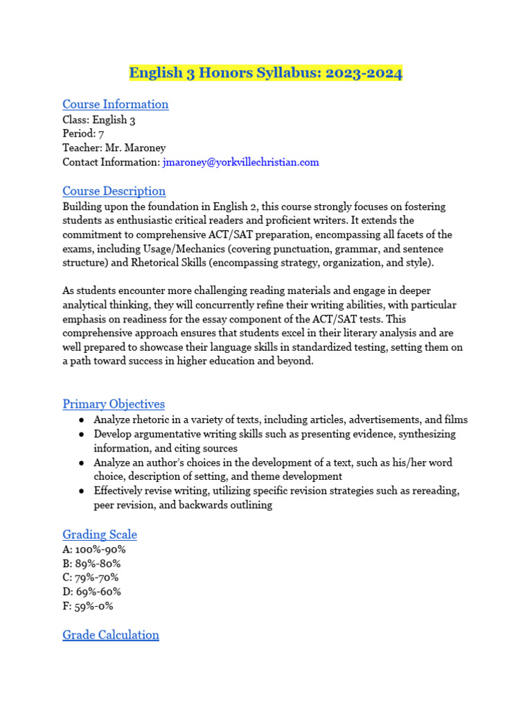 English 3 Honors Syllabus 2023-2024 | PDF | Sat | Cognition