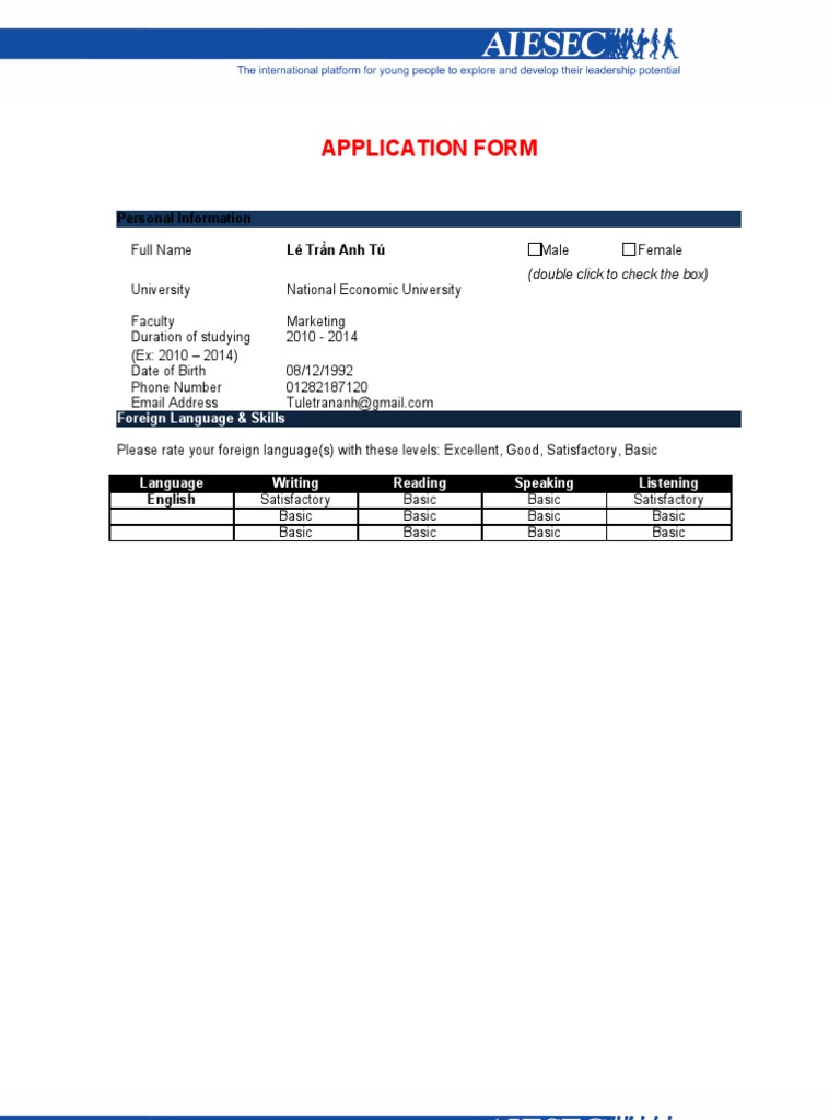Application Form: Personal Information Lê Trần Anh Tú | PDF ...