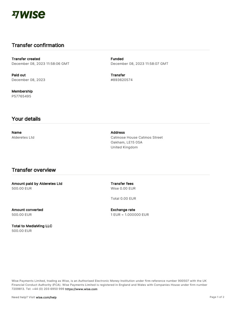 Wise Transfer Confirmation Details | PDF | Wire Transfer | Banking ...