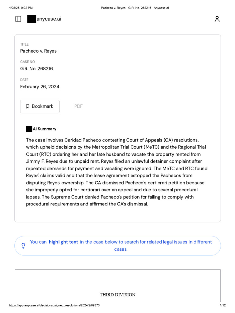 Pacheco v. Reyes - G.R. No. 268216 - Anycase - Ai | PDF | Lease ...