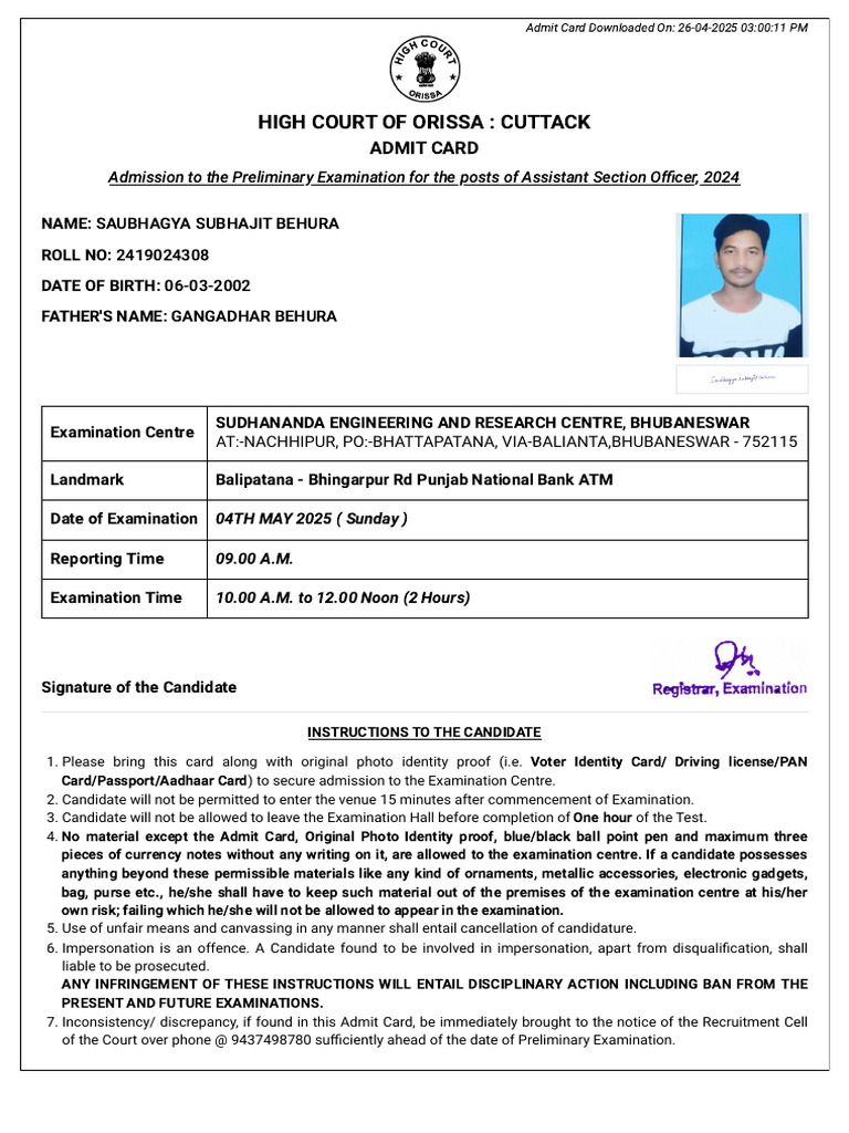 OHC ASO 2024 Admit Card (2419024308) | PDF