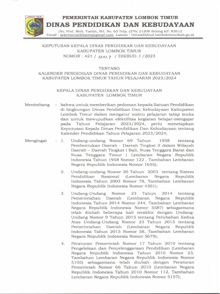 Kaldik Dikbud Lotim Ta 2023-2024 | PDF