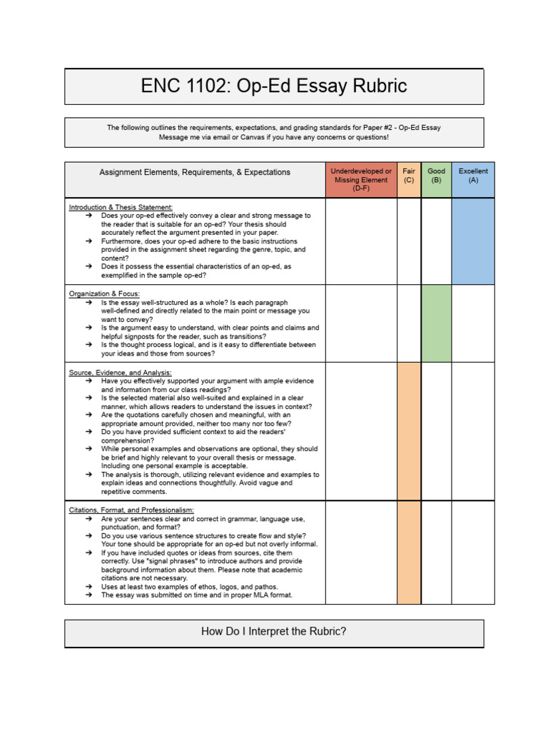 Spring 2025 - Op-Ed Rubric | PDF | Essays | Rhetoric