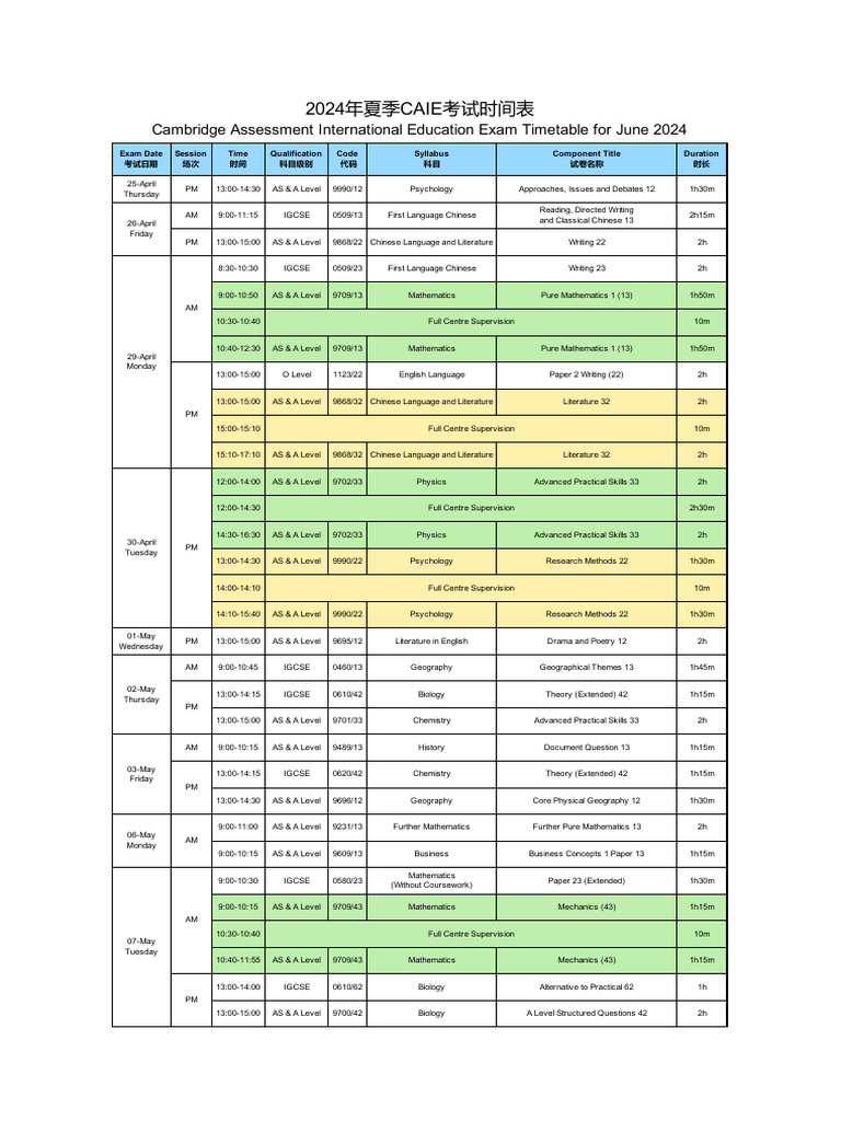 2024 Cambridge Exam Timetable | PDF | Science