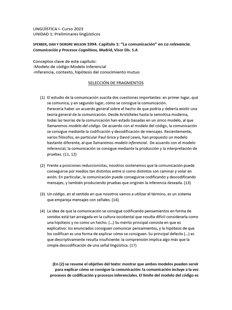 Fragmentos Sperber y Wilson Cap1. | PDF | Comunicación | Conocimiento