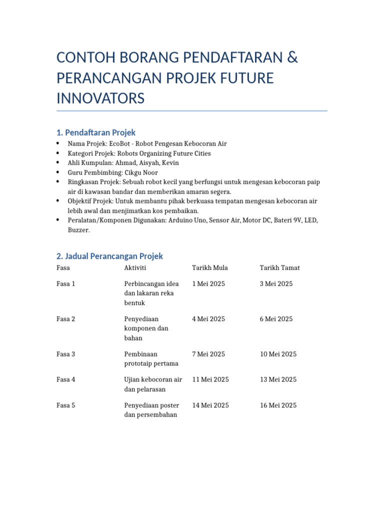Contoh Borang Pendaftaran Perancangan Projek | PDF