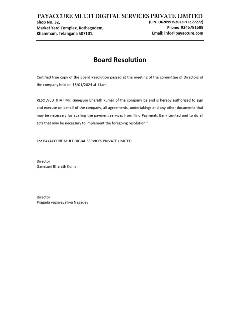 Board Resolution for Payment Services | PDF