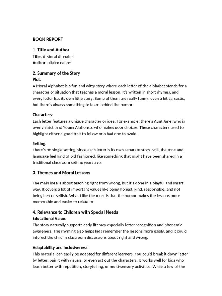 Book Report The Moral Alphabet | PDF | Storytelling | Cognition