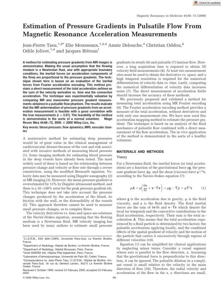 Magnetic Resonance in Med - 2000 - Tasu - Estimation of pressure gradients in pulsatile flow ...