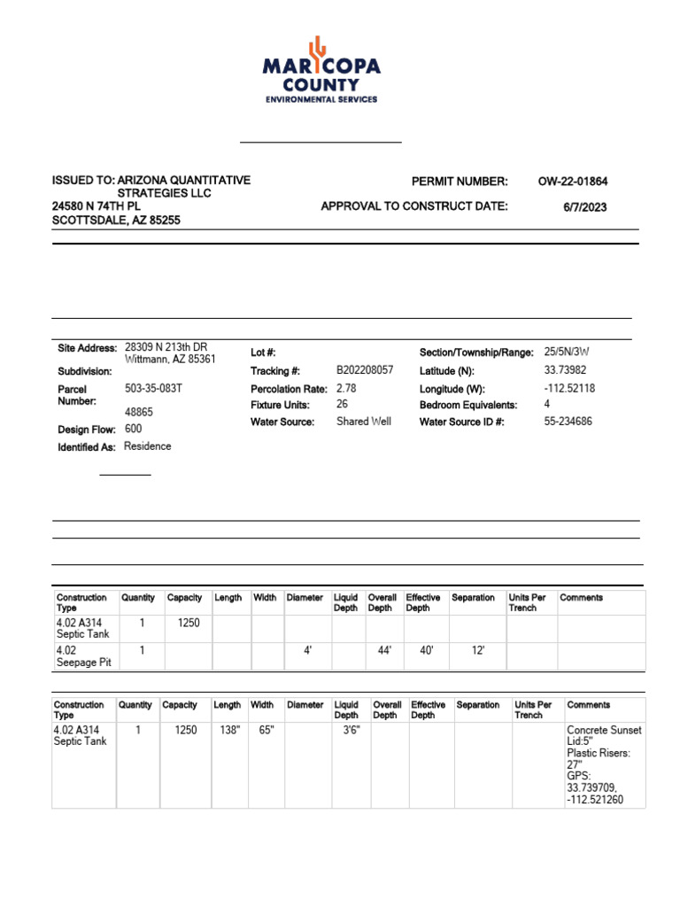 EPL Permit - 1-7-2025 - Permit # OW-22-01864 - Issued | PDF | Septic Tank