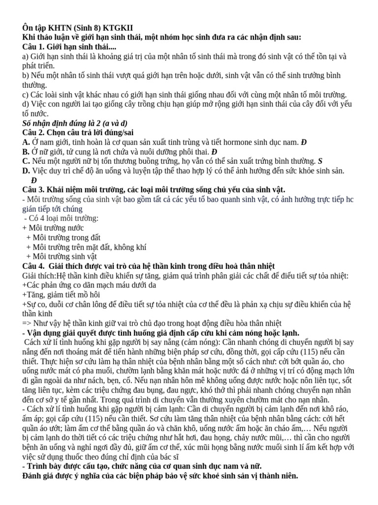 Ôn tập KHTN 8 Sinh KTGK II | PDF