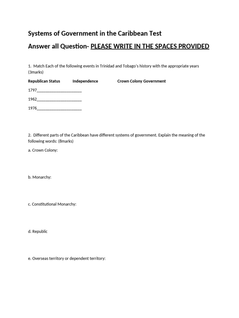 Template - Systems of Government in The Caribbean Test Form 2 | PDF ...
