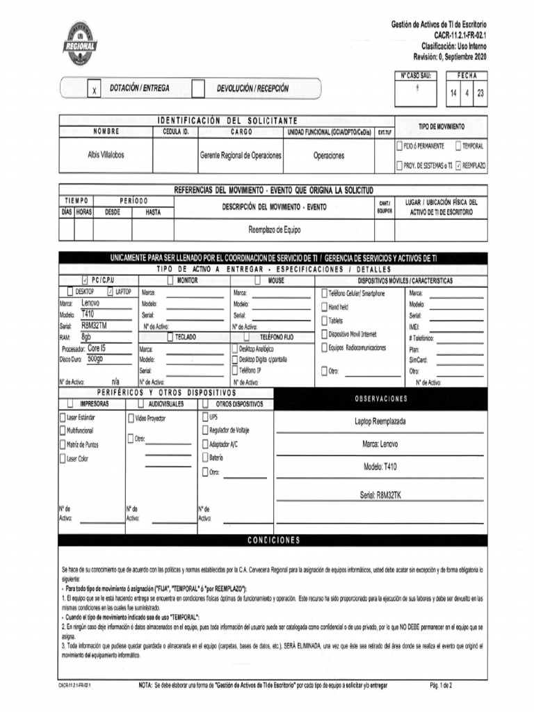 Formato Asignacion Laptop Albis Villalobos | PDF