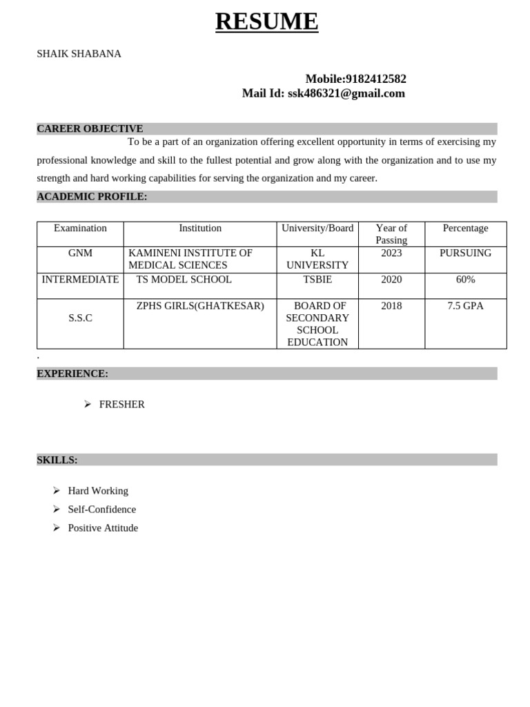 Resume of Shaik Shabana | PDF