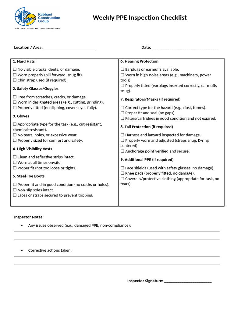Daily PPE Inspection Checklist | PDF | Personal Protective Equipment ...