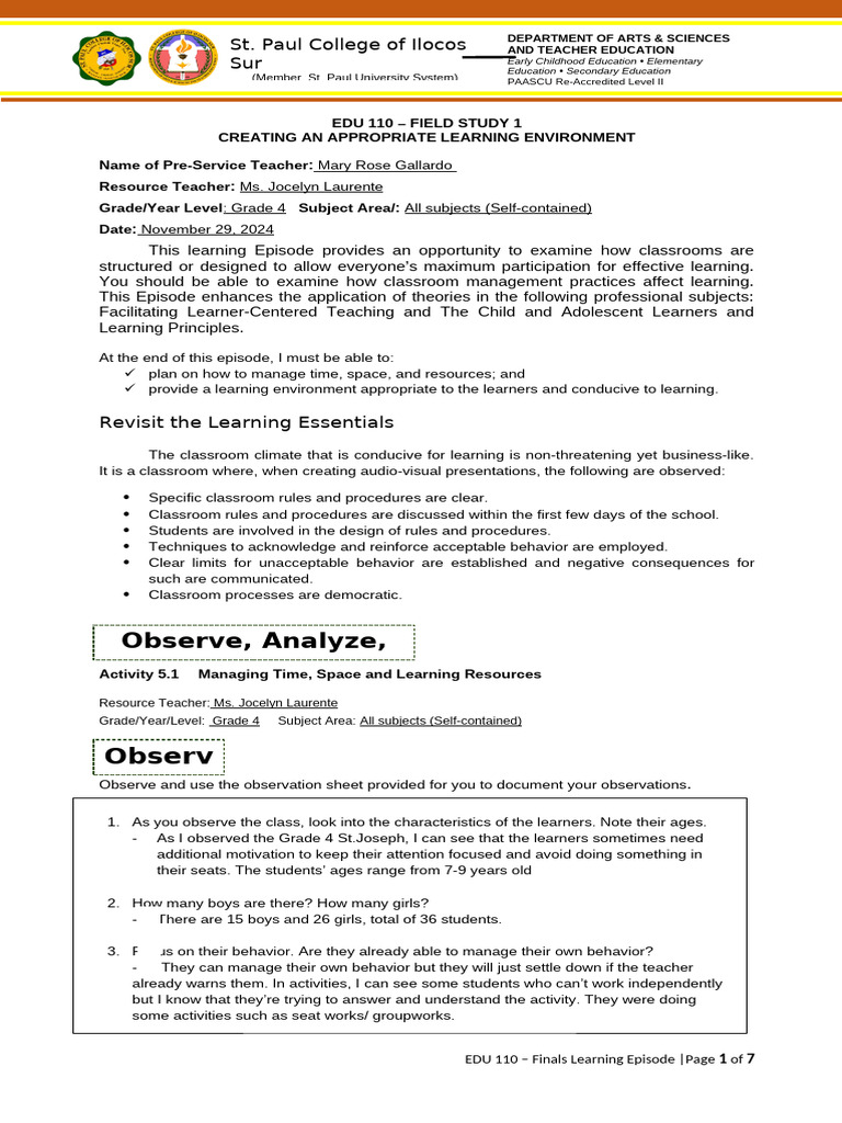 Finals 1 Creating An Appropriate Learning Environment | PDF | Learning ...