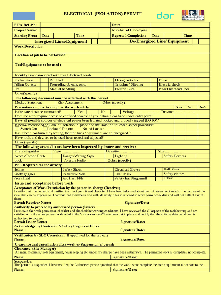 Electrical Permit (Isolation) Form | PDF | Electricity | Occupational ...
