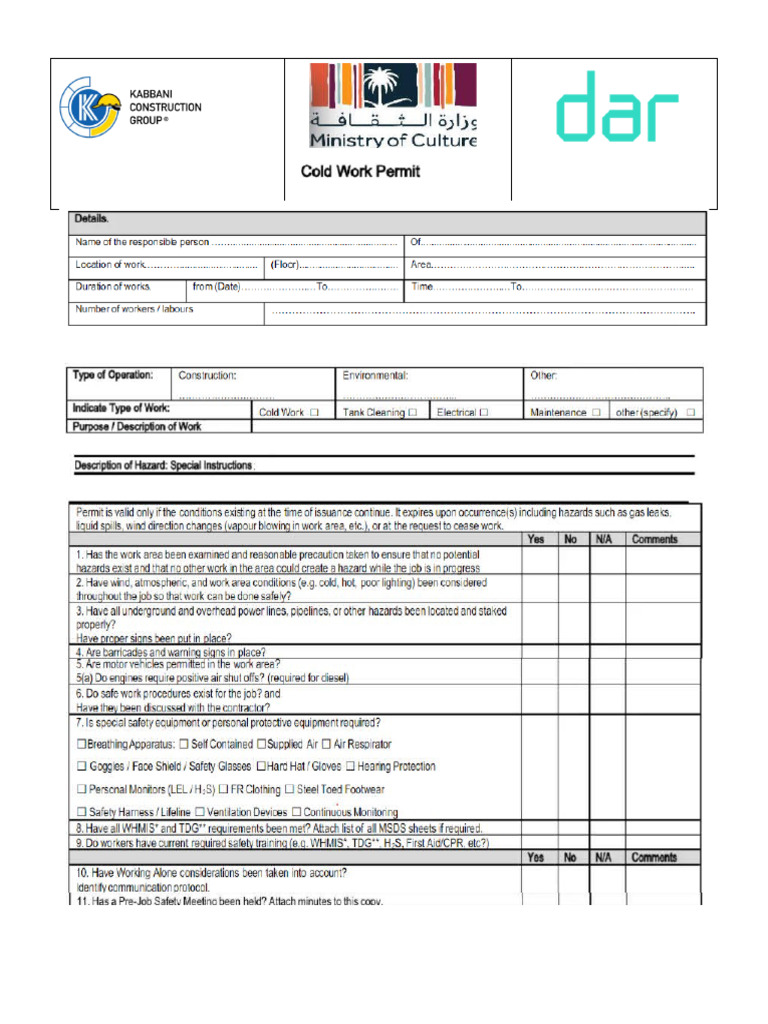 Form 0031 Cold Work Permit Dar | PDF