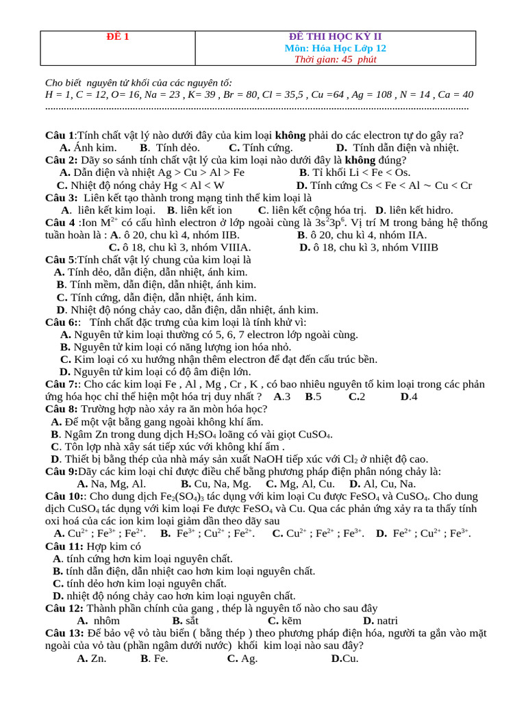 De Thi Hoa 12 Hk2 Co Dap An | PDF