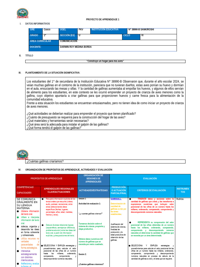 Proyecto de Aprendizaje 1°comu | PDF | Evaluación | Enseñando