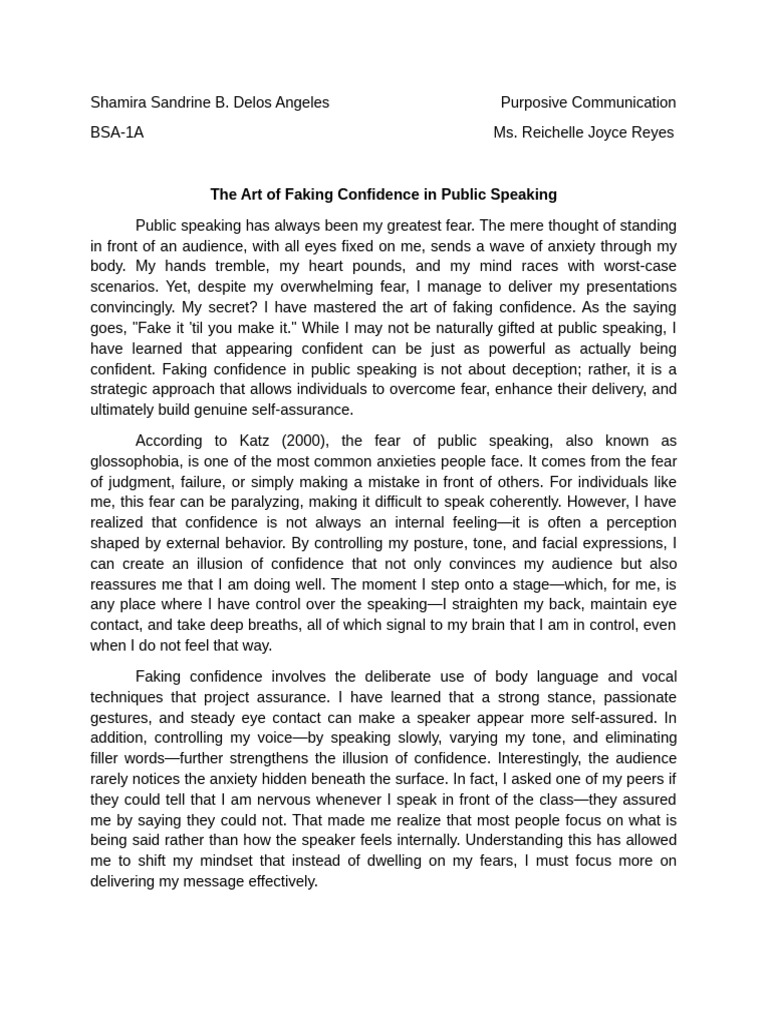 Faking Confidence in Public Speaking | PDF | Fear | Public Speaking
