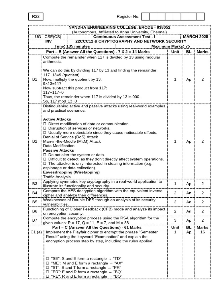 CAT 1 - QP For Theory Courses - AC S1 - CNS Duplicated | PDF | Military Communications ...