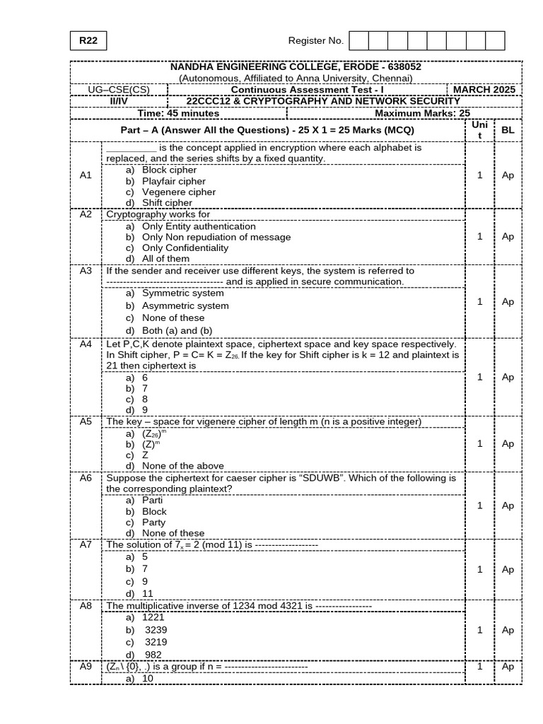 CAT 1 - QP For Theory Courses - AC S1 - CNS | PDF | Cryptography | Secure Communication