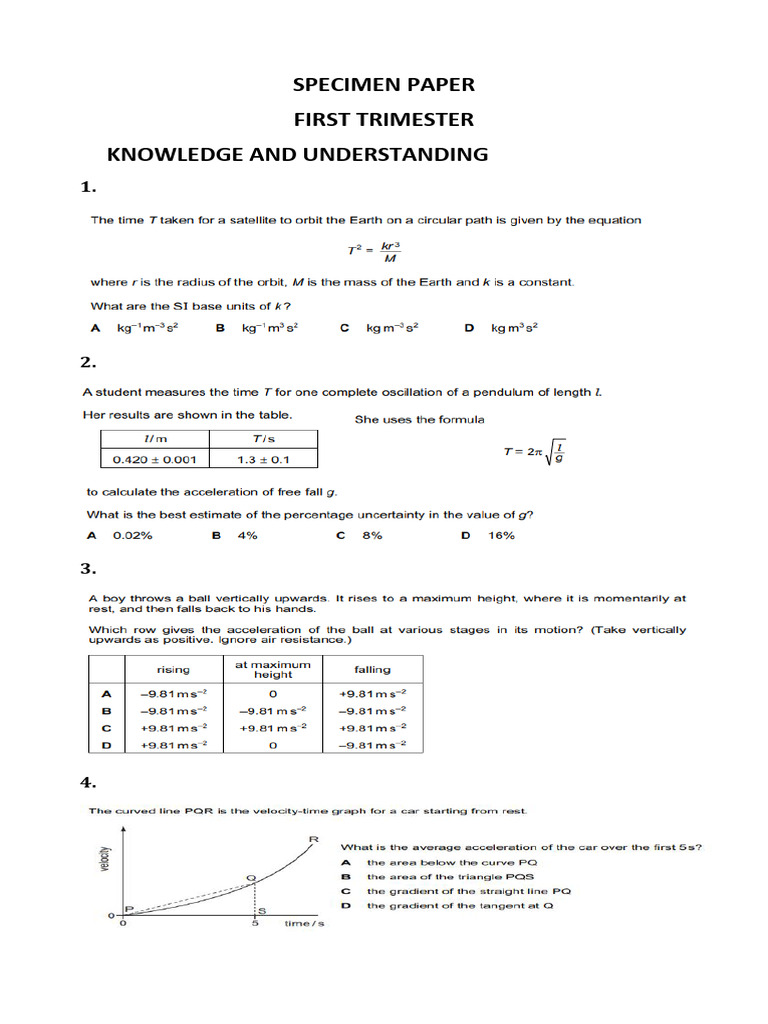 Specimen Paper. Primer Trimestre | PDF | Physics | Mechanics