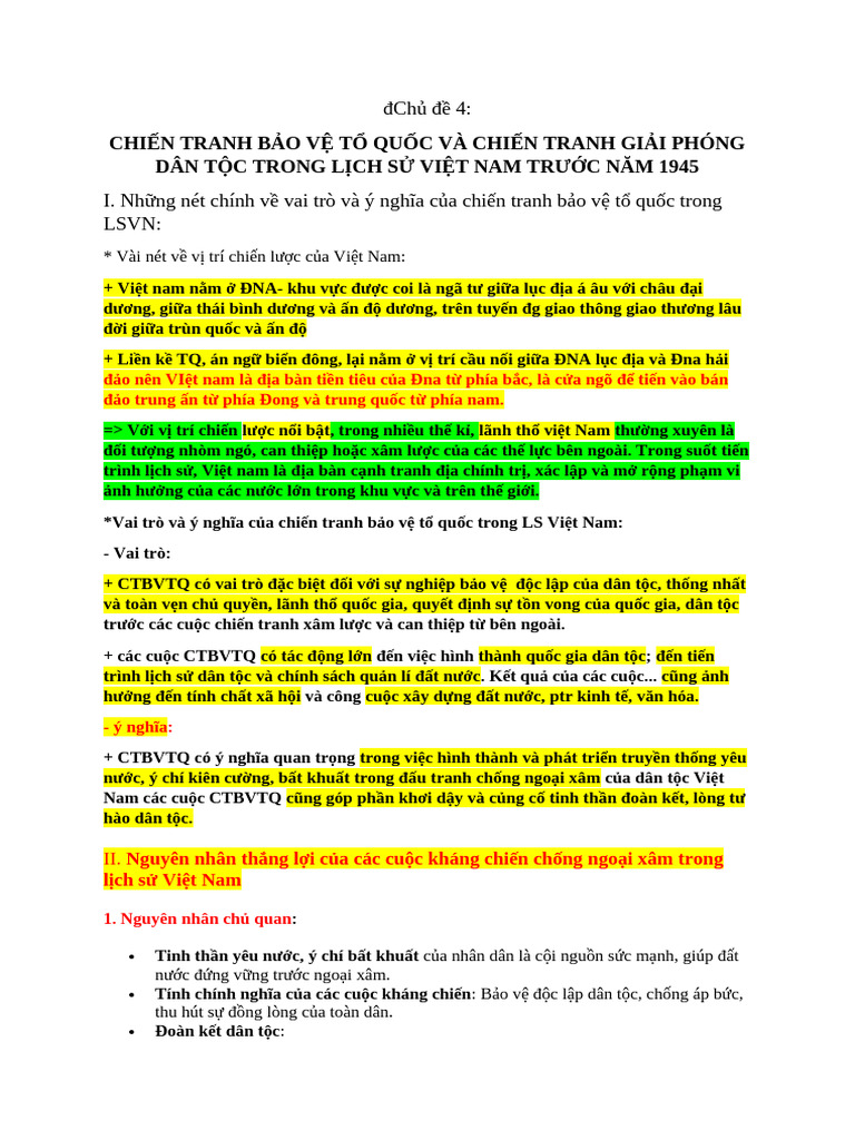 Những nét chính về vai trò và ý nghĩa của chiến tranh bảo vệ tổ quốc trong LSVN | PDF