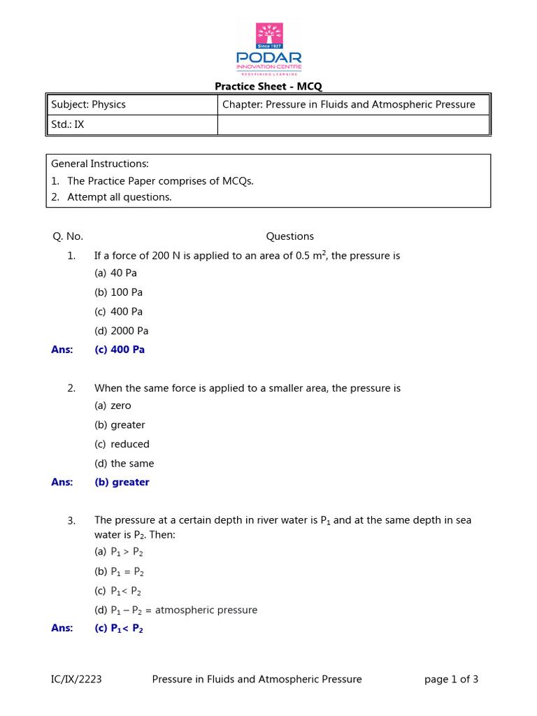 AS - IC - IX - Science - CH 4 Pressure in Fluids and Atmospheric Pressure - MCQ | PDF | Pressure ...