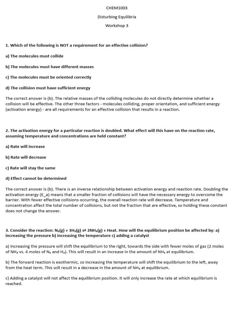 CHEM1003 Workshop 3 Solutions | PDF | Reaction Rate | Activation Energy