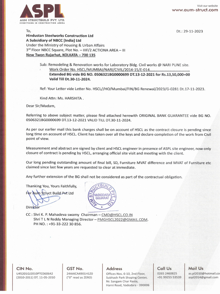 HSCL BG For Rs.1350000 Valid Till Dt.30!11!2024 | PDF