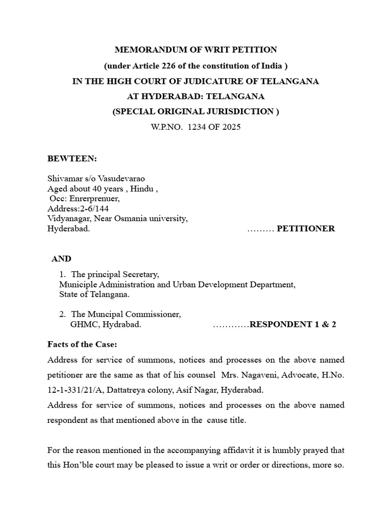 Memorandum of Writ Petition Under Art 226 | PDF | Mandamus | Writ