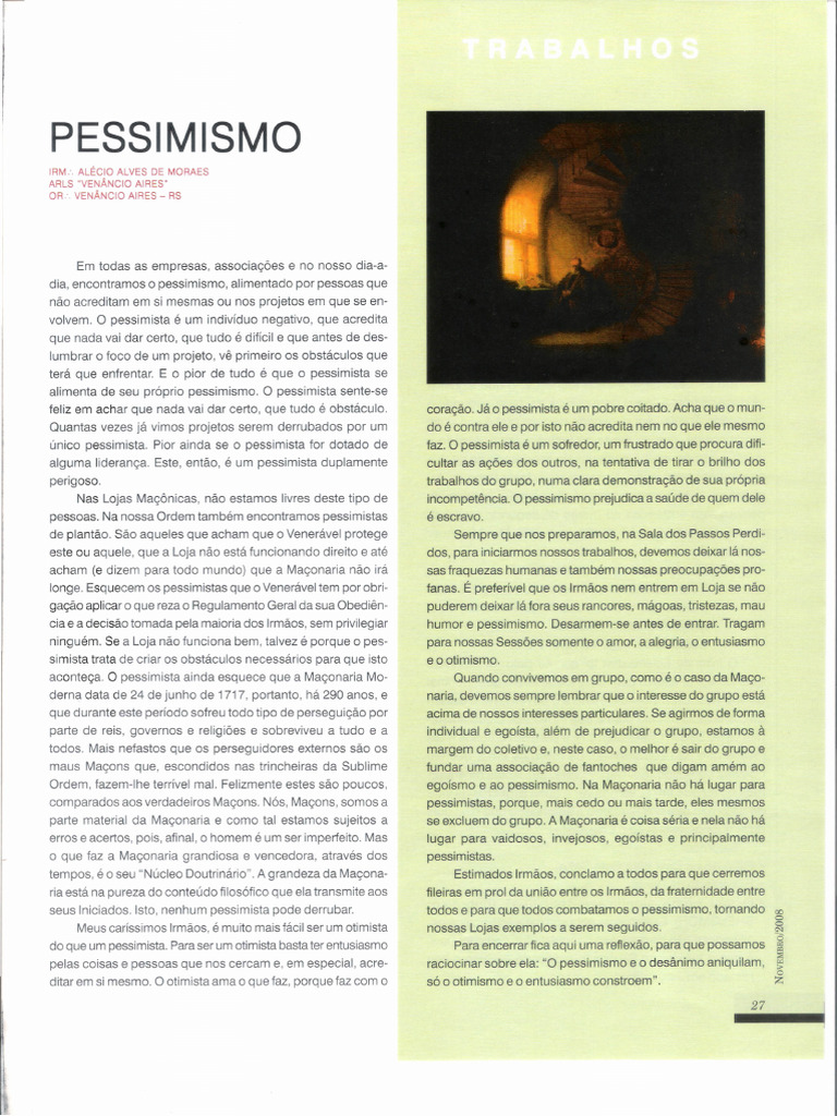 Combate ao Pessimismo na Maçonaria | PDF | Pessimismo | Maçonaria