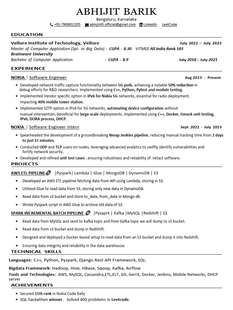 Abhijit Barik: Software Engineer Resume | PDF | Apache Spark ...