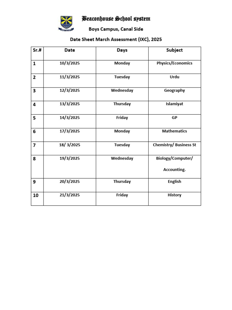 Date Sheet IXC March Assessment | PDF