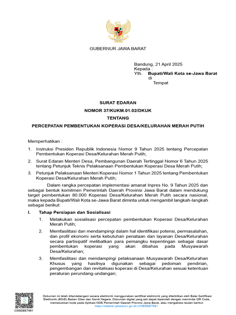 SURAT EDARAN GUBERNUR Surat Edaran Tentang Percepatan Pembentukan Koperasi DesaKelurahan Merah ...