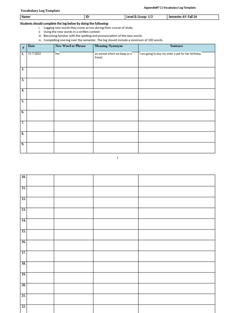 L1 Vocabulary Log Template (RW) | PDF