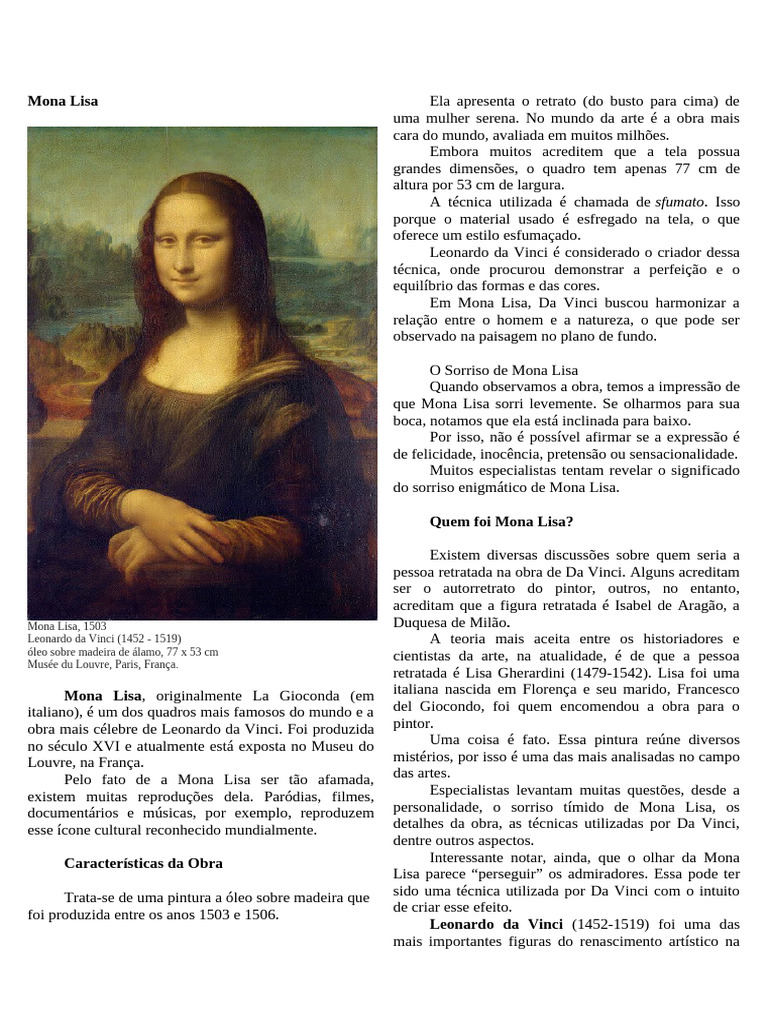 MONALISA-ATIVIDADE | PDF | Leonardo da Vinci