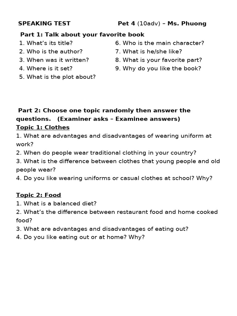 Speaking Test 10adv | PDF