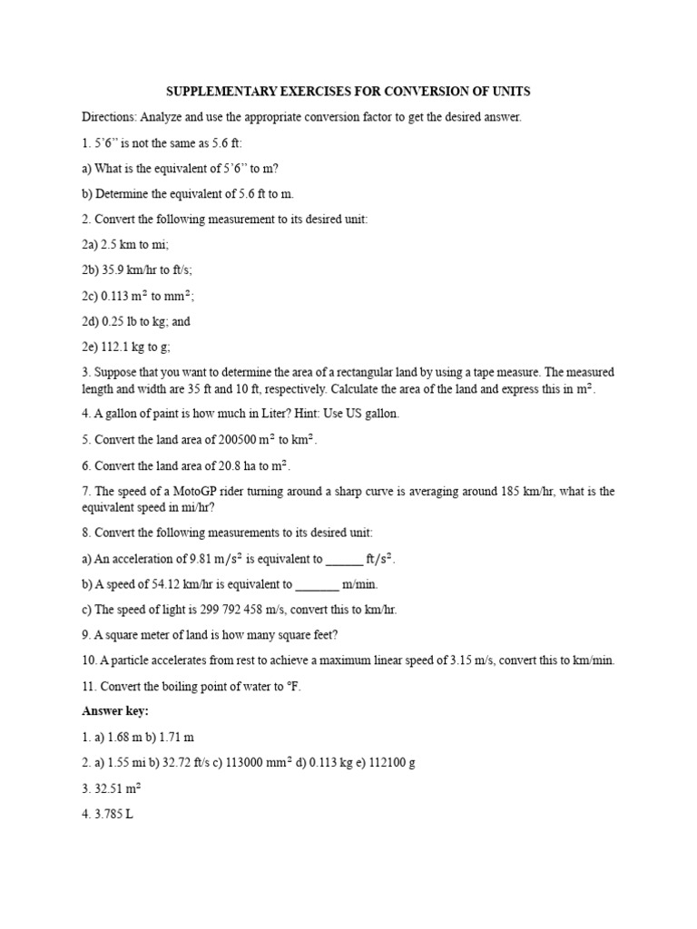 Conversion of Units Supplementary Exercises | PDF