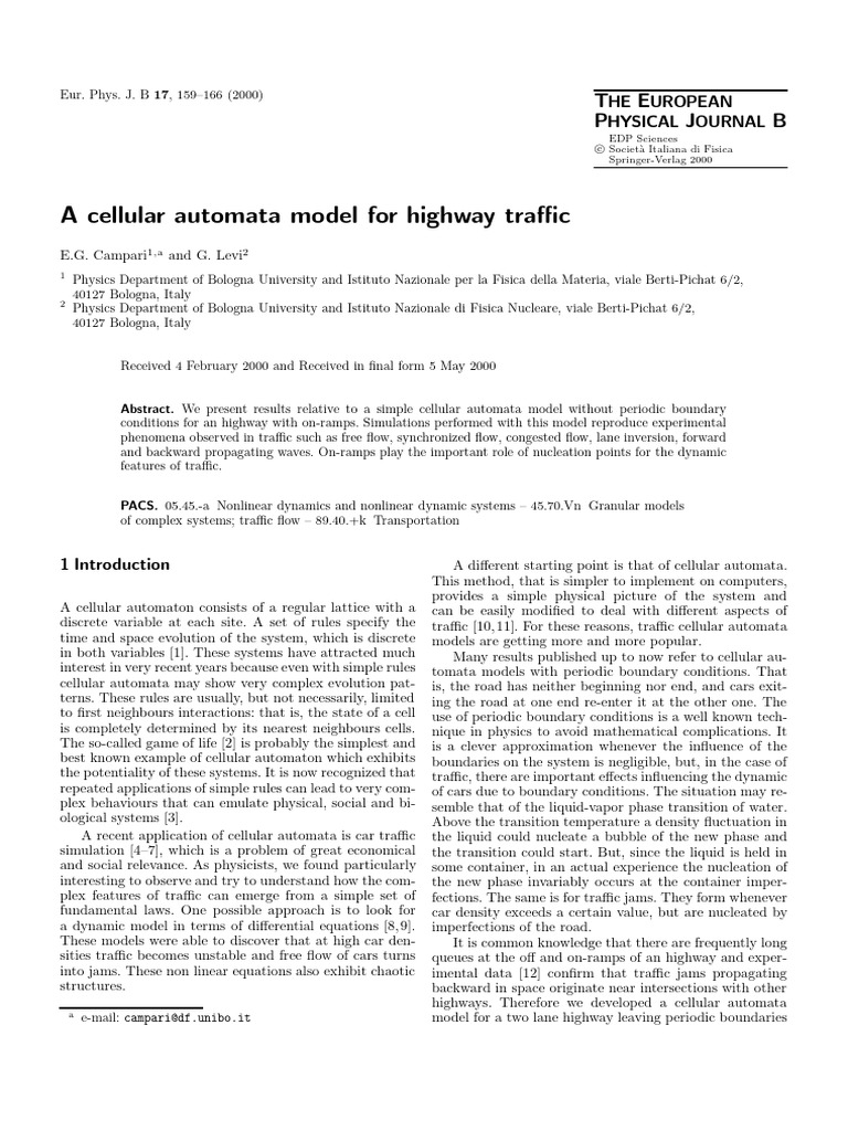 A Cellular Automata Model For Highway Traffic | PDF | Traffic