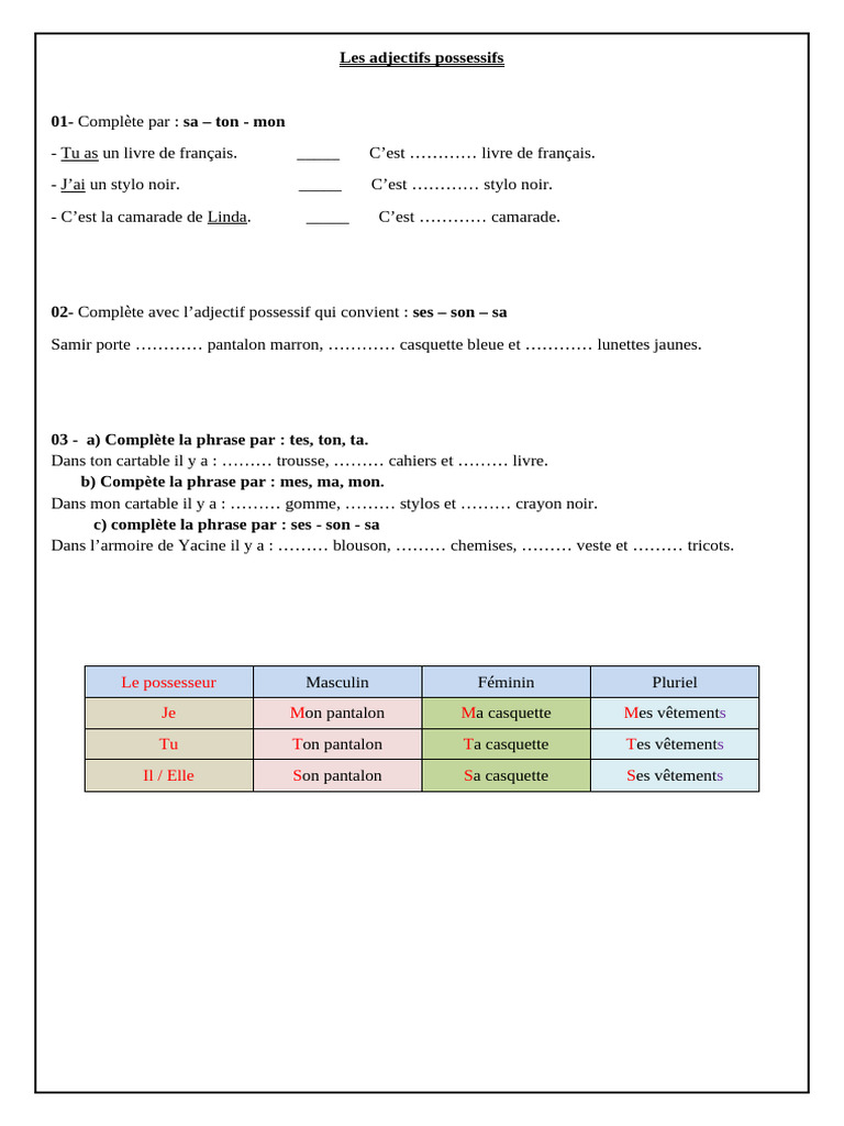 Adjectifs Possessifs : Exercices et Guide | PDF