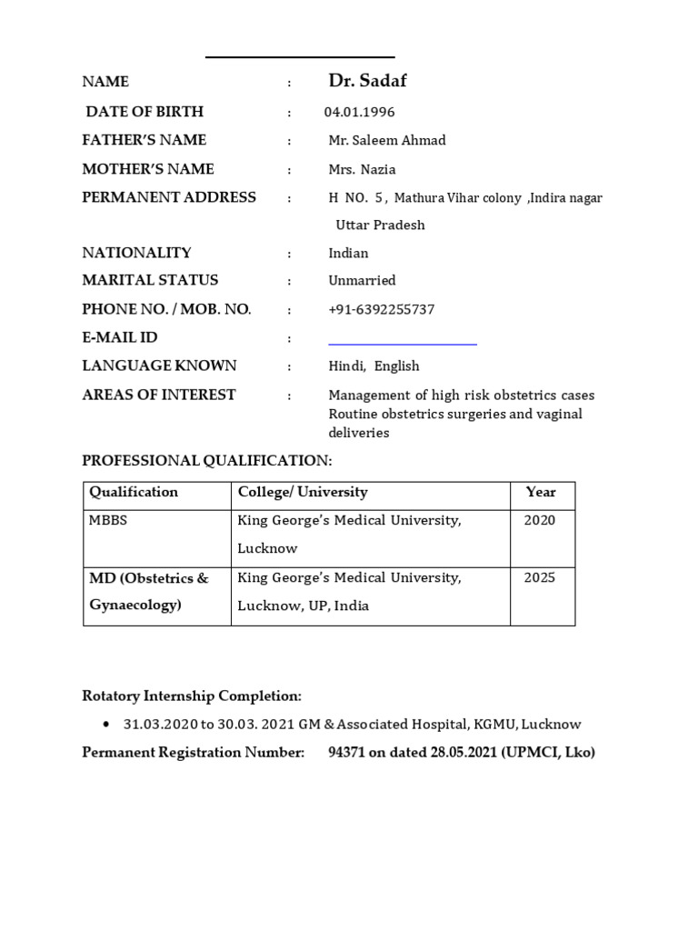 Dr. Sadaf Khan: CV & Qualifications | PDF