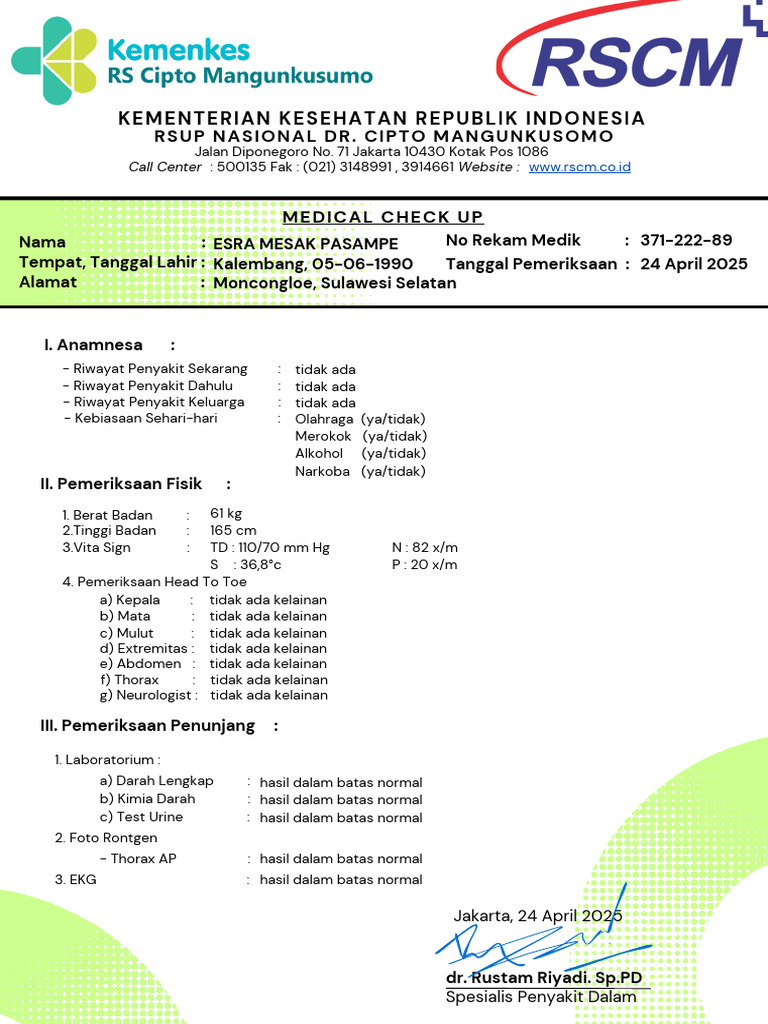 Surat Keterang MCU Bapak Esra | PDF