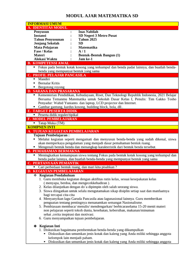 MTK Modul Ajar Inas | PDF