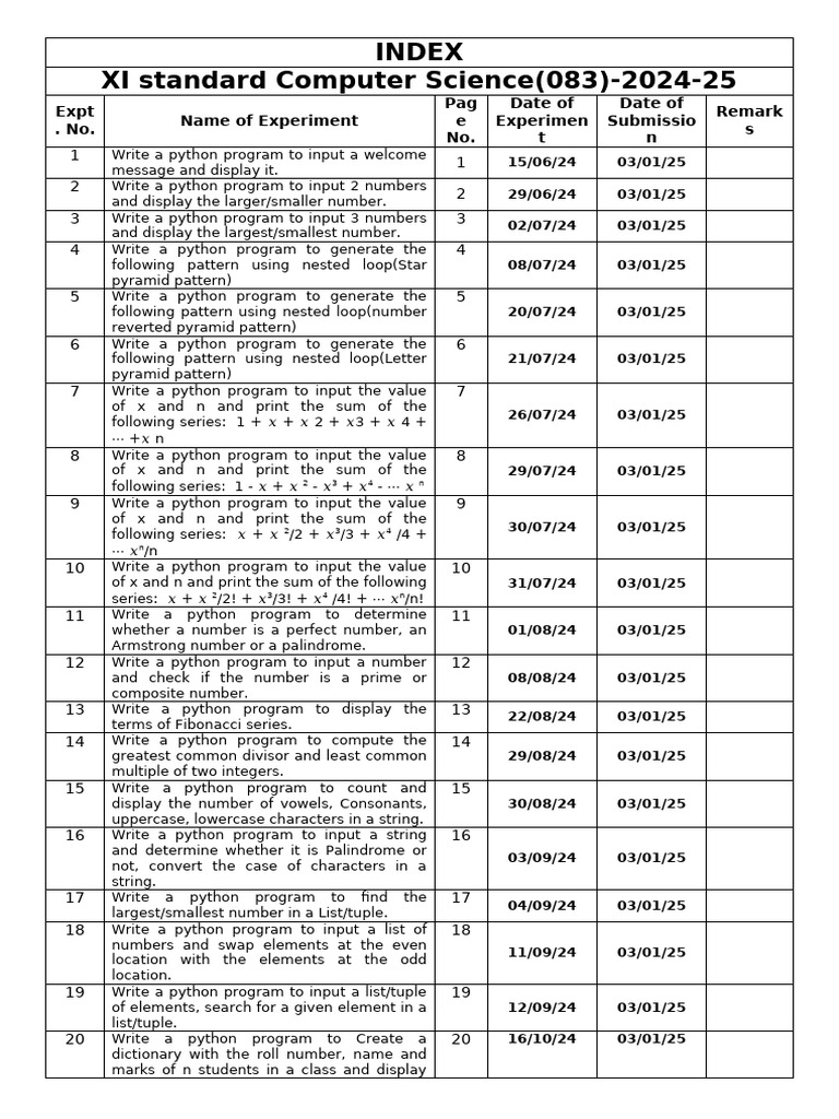 INDEX-PAGE---XI---std---JOURNAL-2024-25 | PDF | Elementary Mathematics | Computer Programming